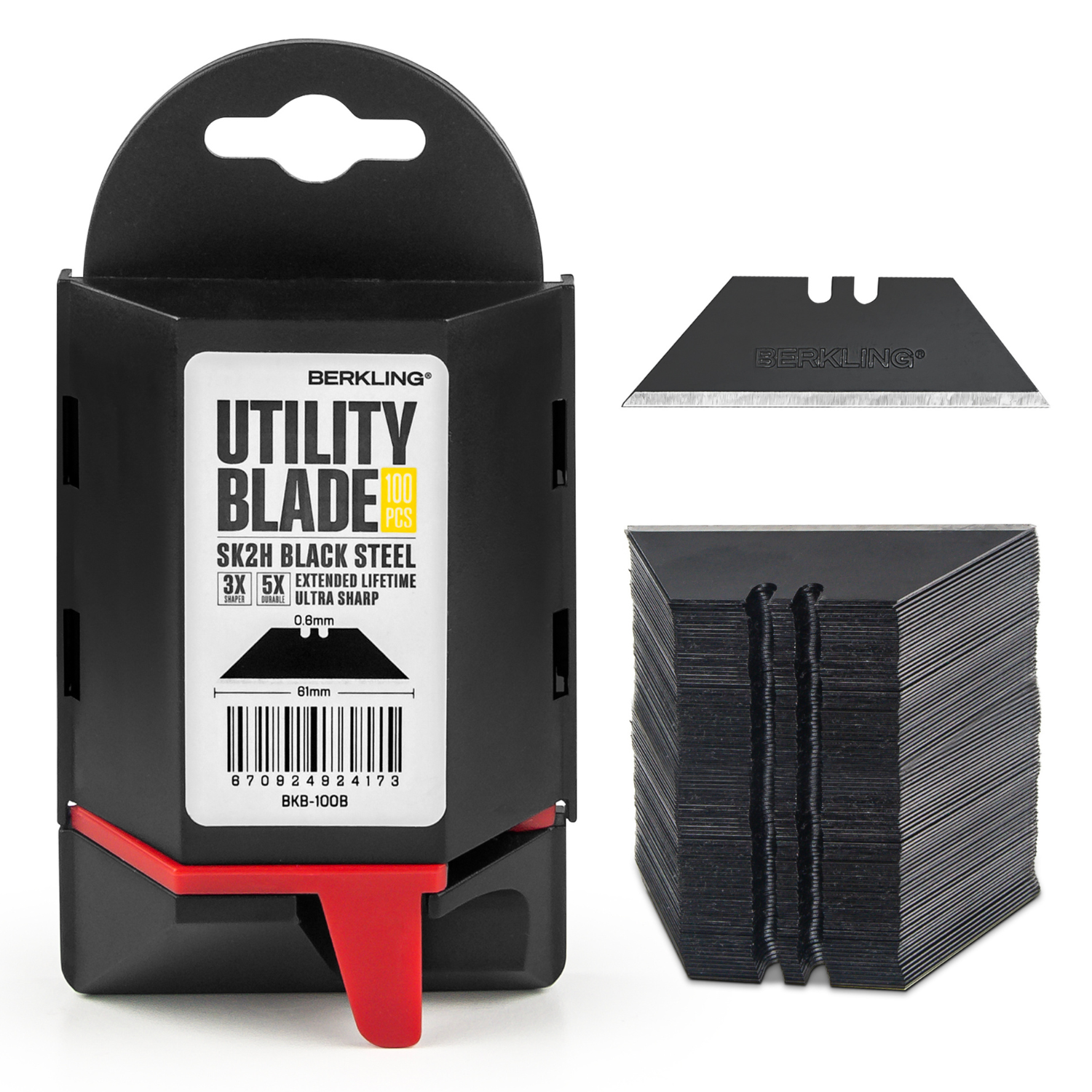 Berkling Utility Knife Blades 100Pack With Dispenser, SK2H Hardened Bl
